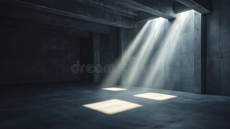 Dramatic Light Beams Illuminating Empty Industrial Space with Concrete ...