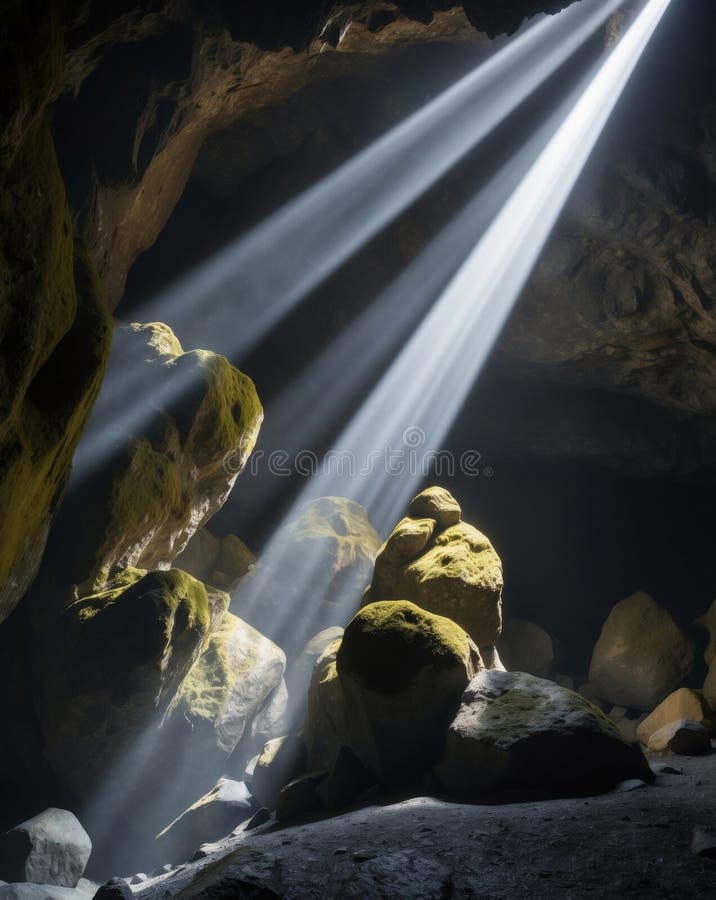 Dramatic Light Beams Shining Down in a Mystical Cave with Rugged Rock ...