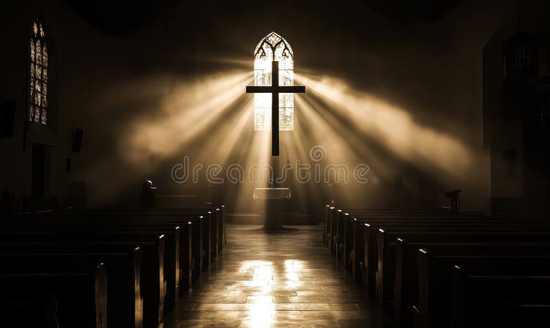 Dramatic Light Rays Illuminating Cross in Serene Church Interior ...