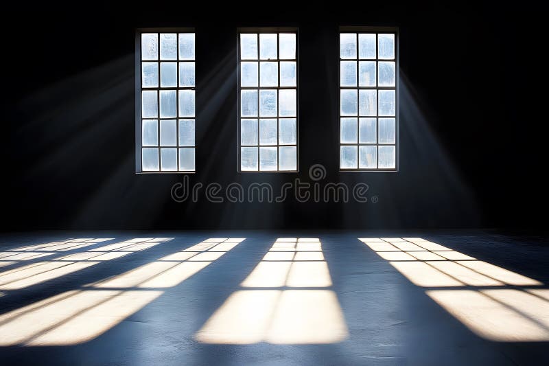 Dramatic Light Rays through Three Windows in Dark Stock Photo Stock ...