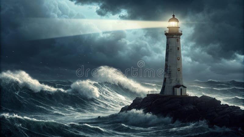Dramatic Lighthouse Amidst Stormy Seas with Beacon Light Cutting ...