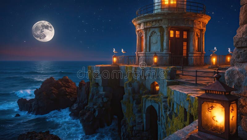 Dramatic Lighthouse Beacon Under Full Moon for Coastal Advertising ...