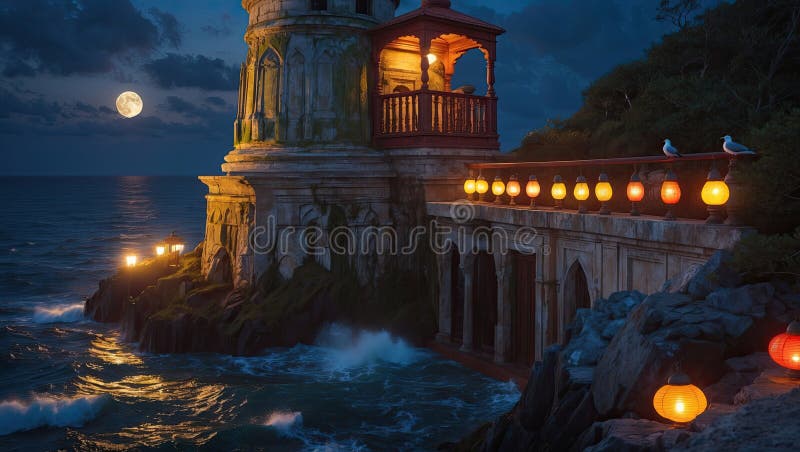 Dramatic Lighthouse Beacon Under Full Moon for Coastal Advertising ...