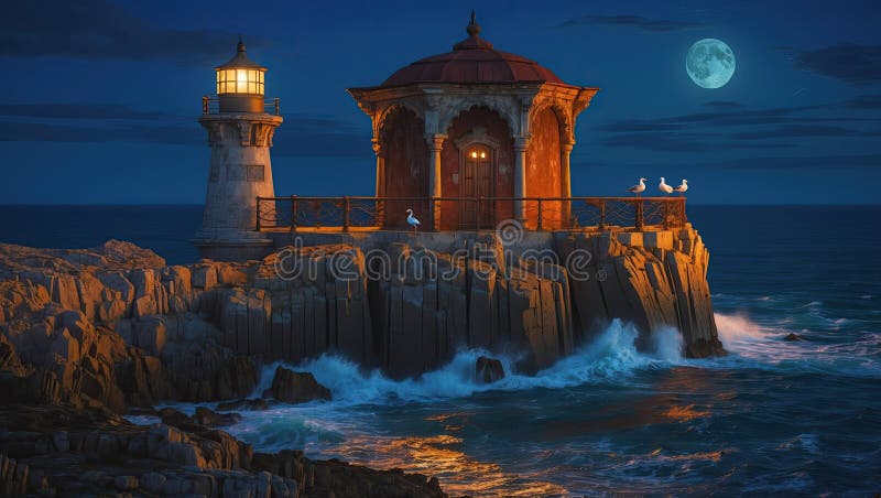 Dramatic Lighthouse Beacon Under Full Moon for Coastal Advertising ...