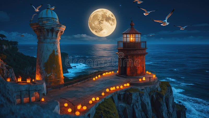 Dramatic Lighthouse Beacon Under Full Moon for Coastal Advertising ...