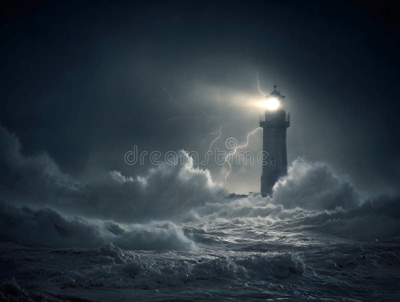 Old Lighthouse Guiding the Way in Ocean Storm Stock Illustration ...