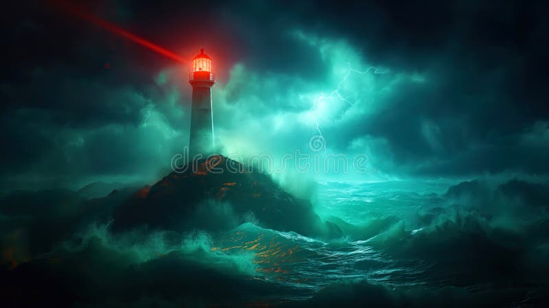 Dramatic Lighthouse Illuminated by Red Light Amidst a Thunderstorm at ...