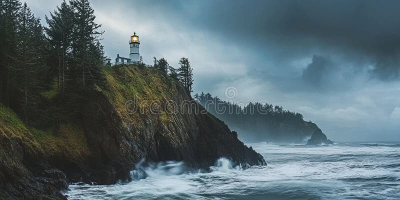 A Dramatic Lighthouse on a Rocky Cliff during a Storm, with Waves ...