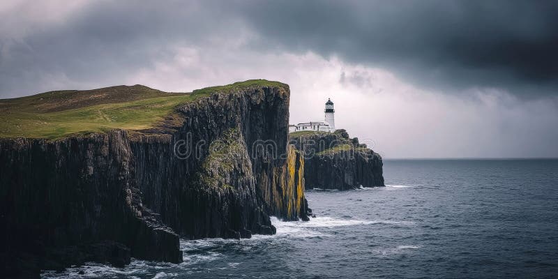 A Dramatic Lighthouse on a Rocky Cliff during a Storm, with Waves ...