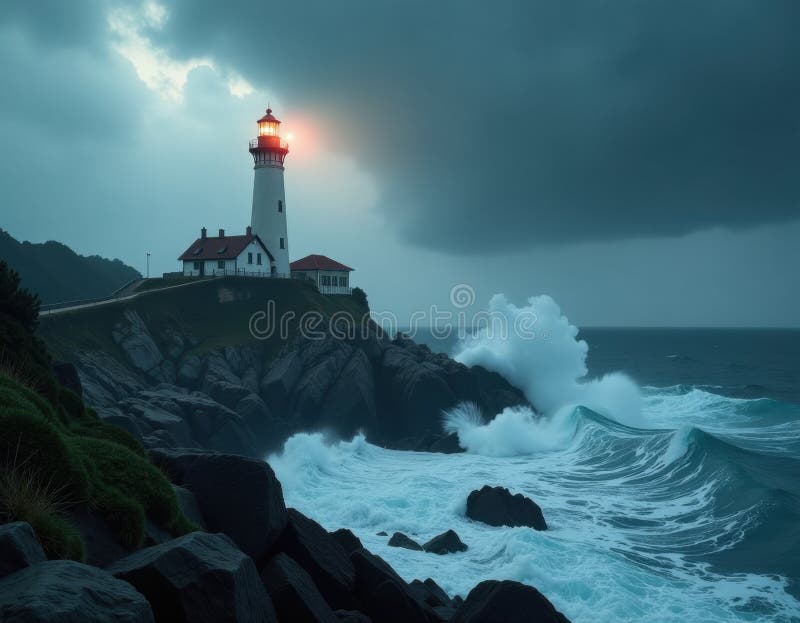 Dramatic Lighthouse on Rocky Coast during Stormy Night Stock ...