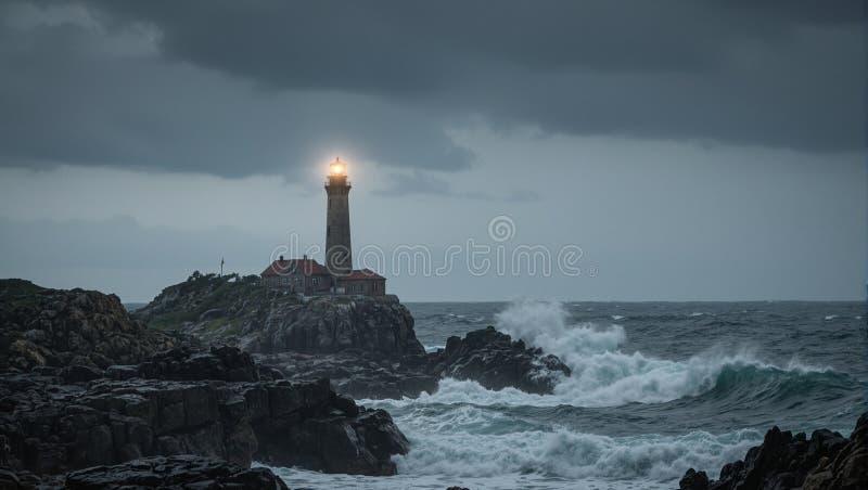 Dramatic Lighthouse in Storm with Glowing Beacon Stock Illustration ...
