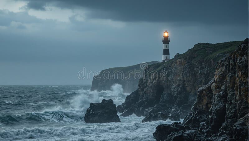 Dramatic Lighthouse in Storm with Glowing Beacon Stock Illustration ...