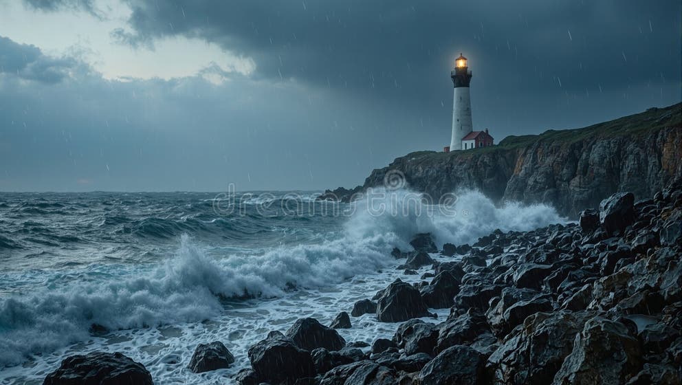 Dramatic Lighthouse in Storm with Glowing Beacon Stock Illustration ...