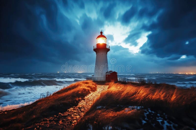 Dramatic Lighthouse at Sunset with Stormy Sea and Illuminated Pathway ...
