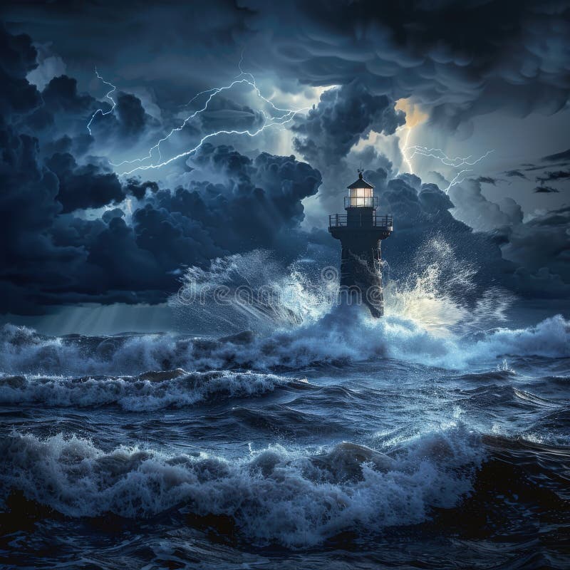 Dramatic Lighthouse Weathered by Storm at Night with Lightning in the ...