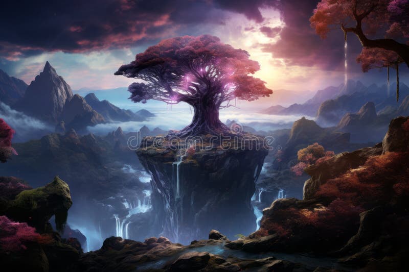 Dramatic Lighting, Big Tree. Beautiful Illustration Picture Stock ...