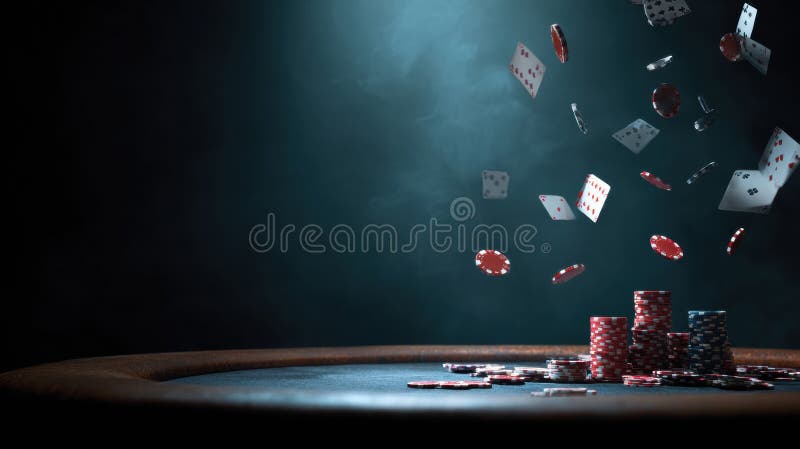 Dramatic Poker Table with Scattered Chips and Flying Cards during an ...