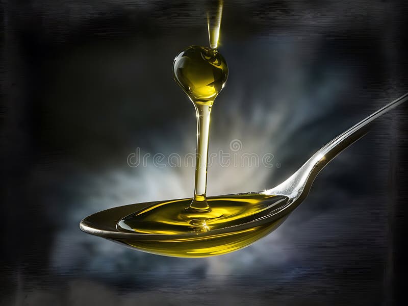 Dramatic Lighting on Olive Oil Being Poured Onto a Spoon Stock ...