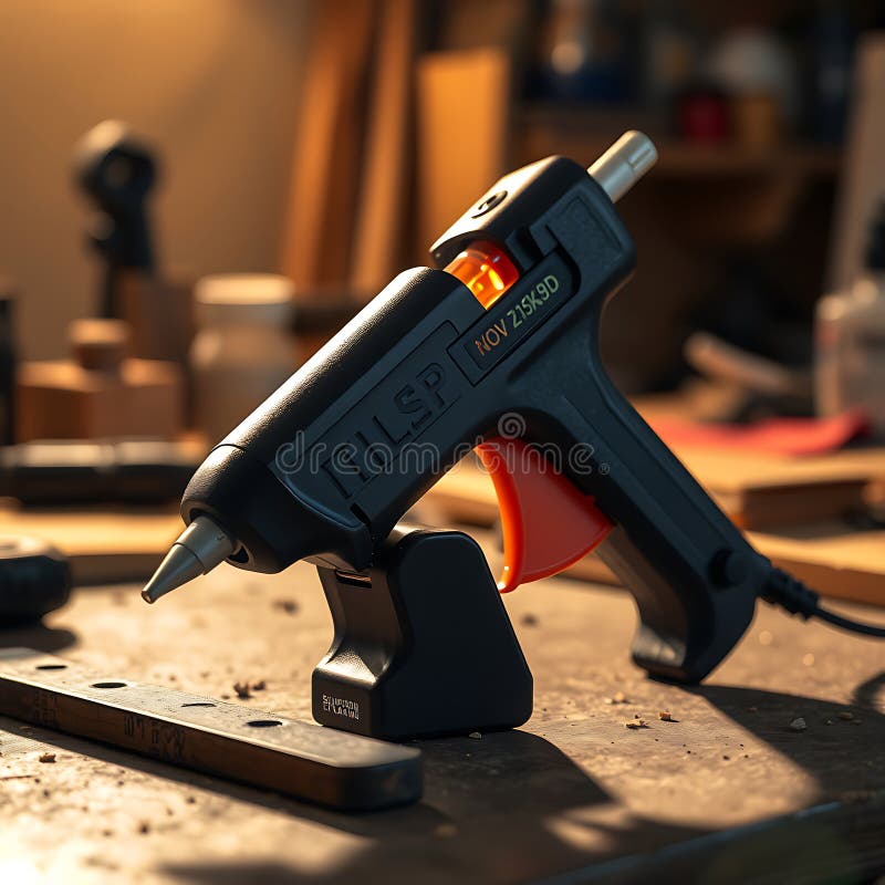 A Dramatic Lighting Photo of a Glue Gun Sitting on a Workbench with the ...