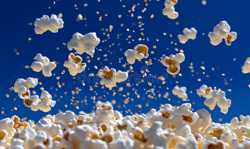 In a Dramatic Lighting Setup, Flying Popcorn Kernels Scatter Against a ...