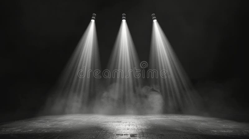Dramatic Lighting Shines from Three Spotlights in a Dark Room. the ...