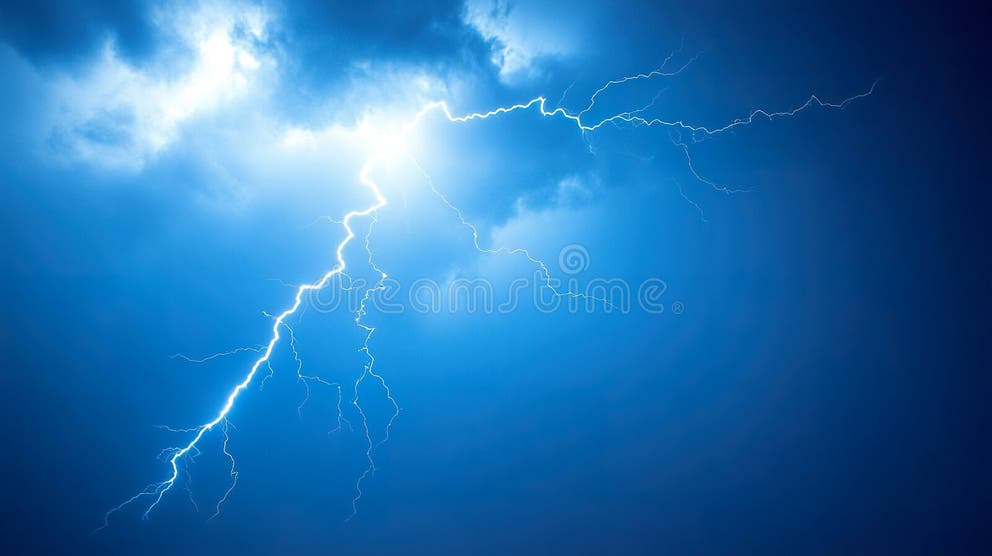 Dramatic Lightning Bolt in Clear Blue Sky with Dark Storm Clouds Stock ...