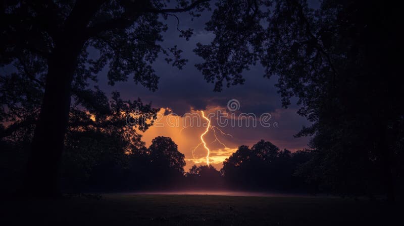 A Dramatic Lightning Bolt Illuminates the Dark Sky Over a Quiet ...