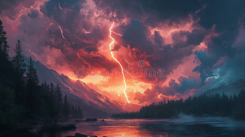 Dramatic Lightning Bolt Illuminates Vibrant Sunset Sky Over Tranquil ...