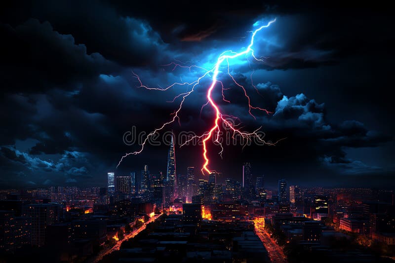 A Dramatic Lightning Bolt Strikes Over a City Skyline at Night. the ...