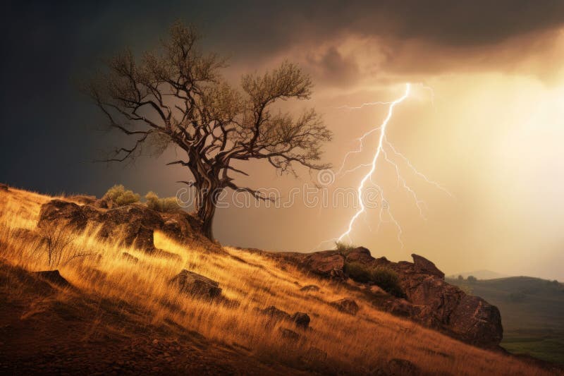 Dramatic Lightning Bolt Striking a Lone Tree on a Hill Stock ...