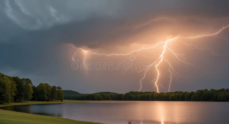 Dramatic Lightning Display Above Serene Lake during Thunderstorm at ...