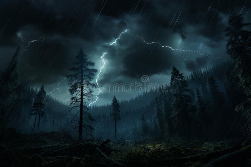 Thunderstorm Over Spooky Forest at Night Stock Image - Image of ominous ...