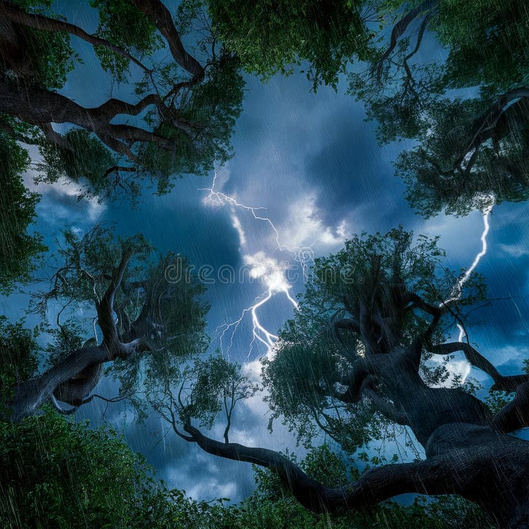 Dramatic Lightning Illuminates a Dark Forest Canopy during a Storm at ...