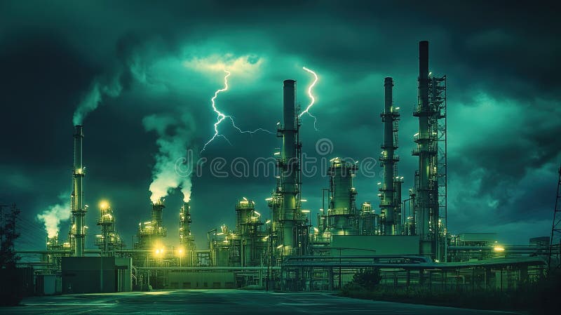 Dramatic Lightning Illuminates an Industrial Facility during a Stormy ...