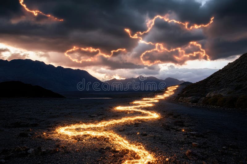 Dramatic Lightning Illuminates Rocky Mountain Path at Dusk Stock Image ...