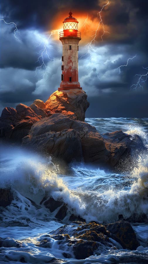 Dramatic Lightning Illuminates Windswept Lighthouse during Stormy Night ...