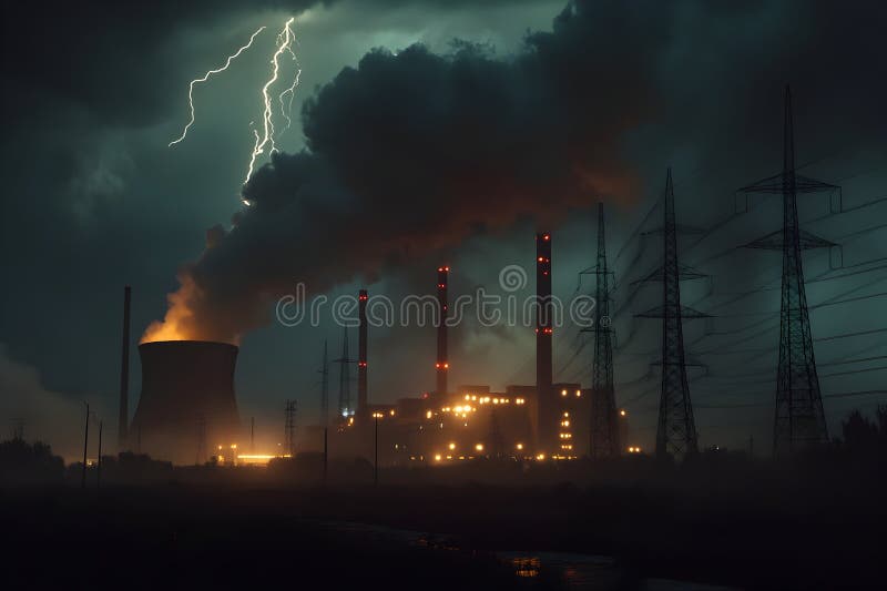 Dramatic Lightning Over Industrial Power Plant Night Stock Photos ...
