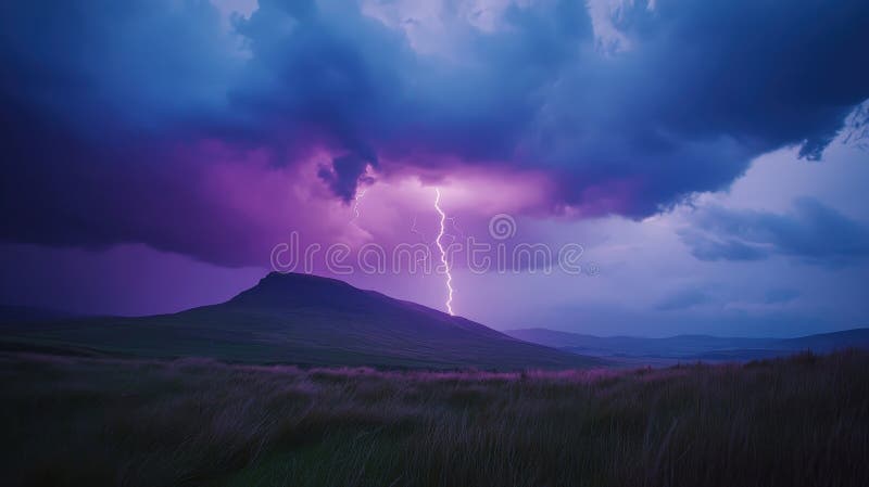 Dramatic Lightning Over a Mountain Landscape at Dusk Stock Illustration ...