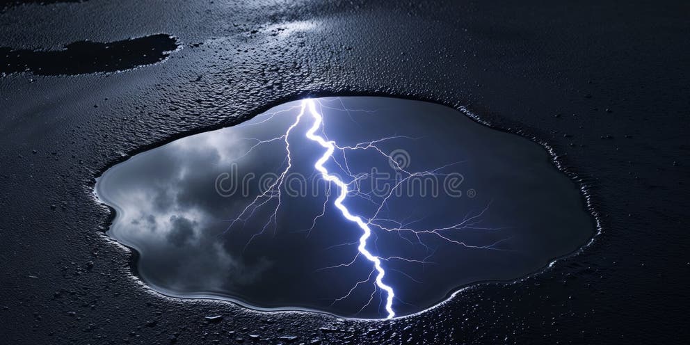Dramatic Lightning Reflection in Puddle on Dark Asphalt Surface. Stock ...