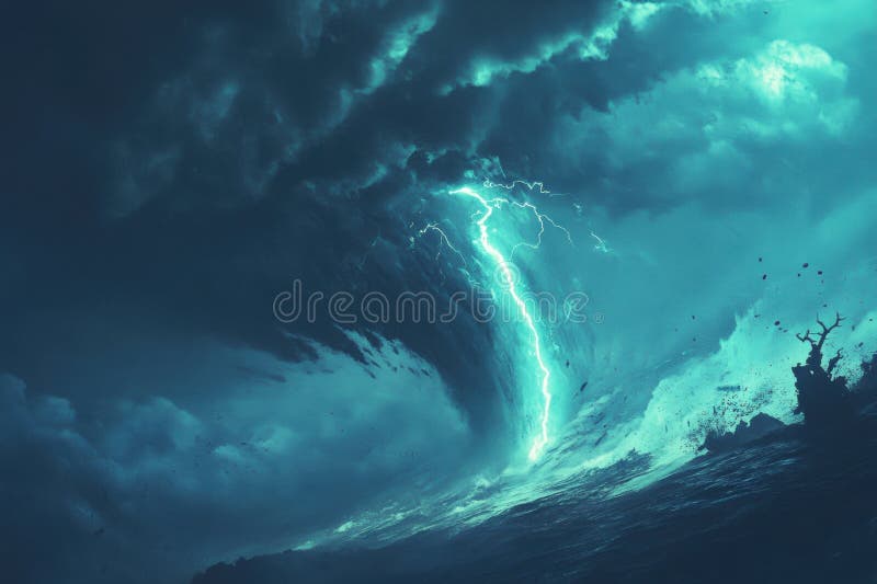Dramatic Lightning Storm Creating a Powerful Tornado Over the Ocean ...