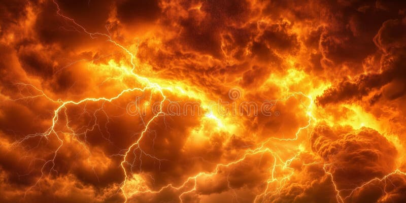 Dramatic Lightning Storm with Fiery Orange Clouds and Intense ...