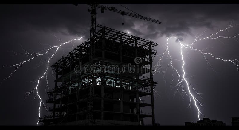Striking Lightning Storm Above Building Under Construction with Crane ...
