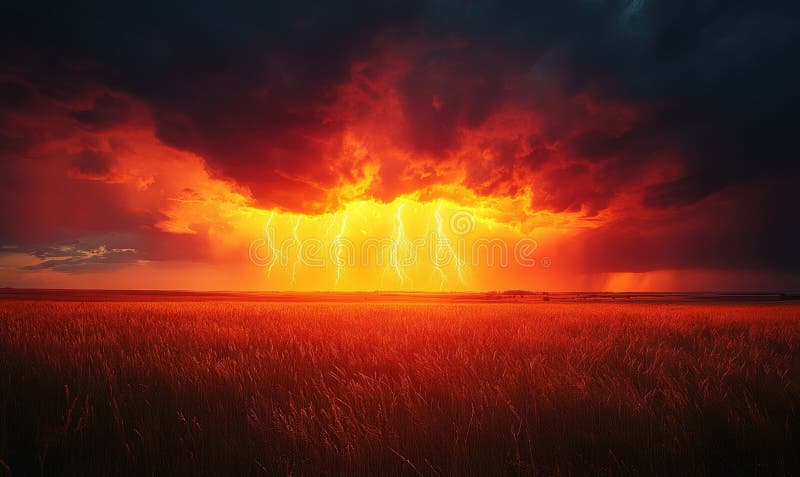 Dramatic Lightning Storm Illuminates Evening Sky Over Open Field Stock ...