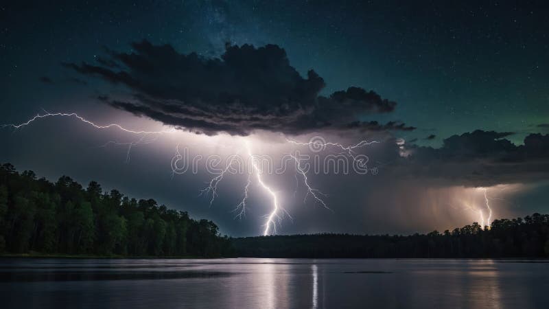 Spectacular Lightning Storm Over Lake at Night Stock Illustration ...