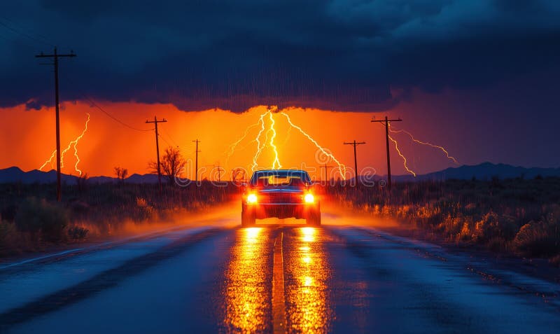 Dramatic Lightning Storm Illuminating Road with Car Headlights at Dusk ...