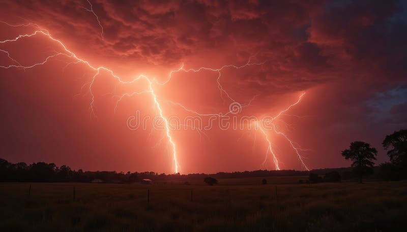 Dramatic Lightning Storm Lights Dark Red Sky Over Rural Landscape ...