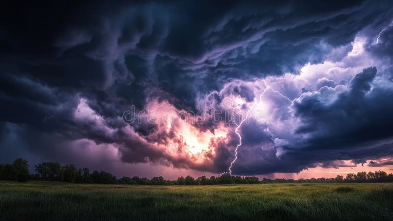 Dramatic Lightning Storm Over a Calm Field at Sunset Stock Illustration ...