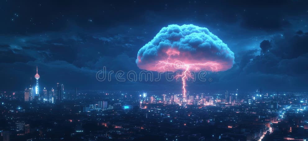 Dramatic Lightning Storm Over City Skyline with Glowing Cloud Formation ...