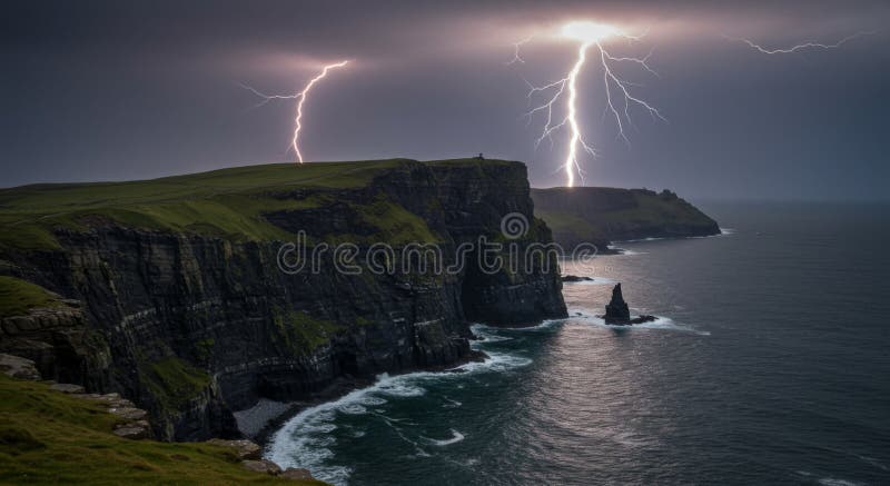 Dramatic Lightning Storm Over Coastal Cliffs Stock Illustration - Illustration of natural ...