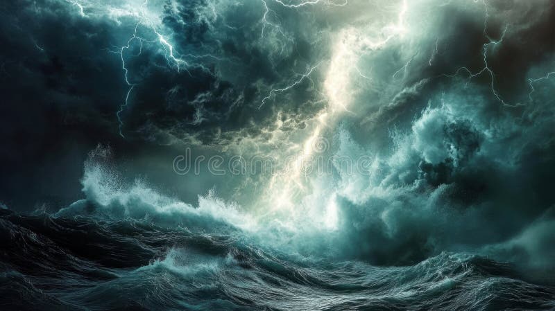 Dramatic Lightning Storm Over Dark Ocean Waves with Swirling Clouds ...